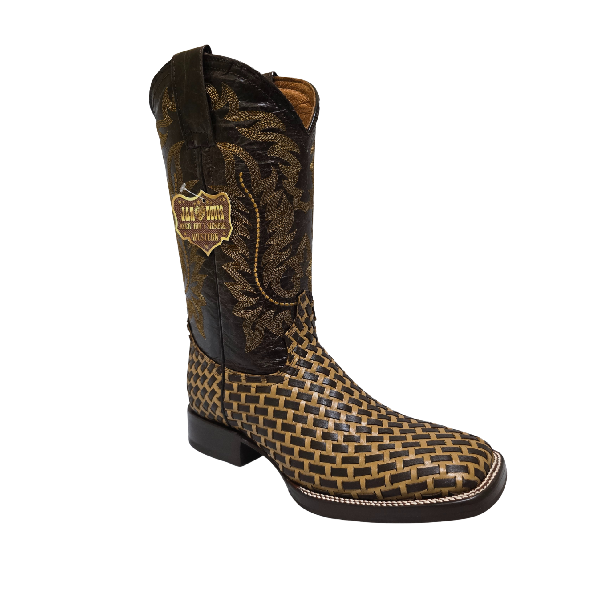 JAR BOOTS Men's Basket-Weave Vamp Bulldog Toe Western Boot, Brown – Ak ...